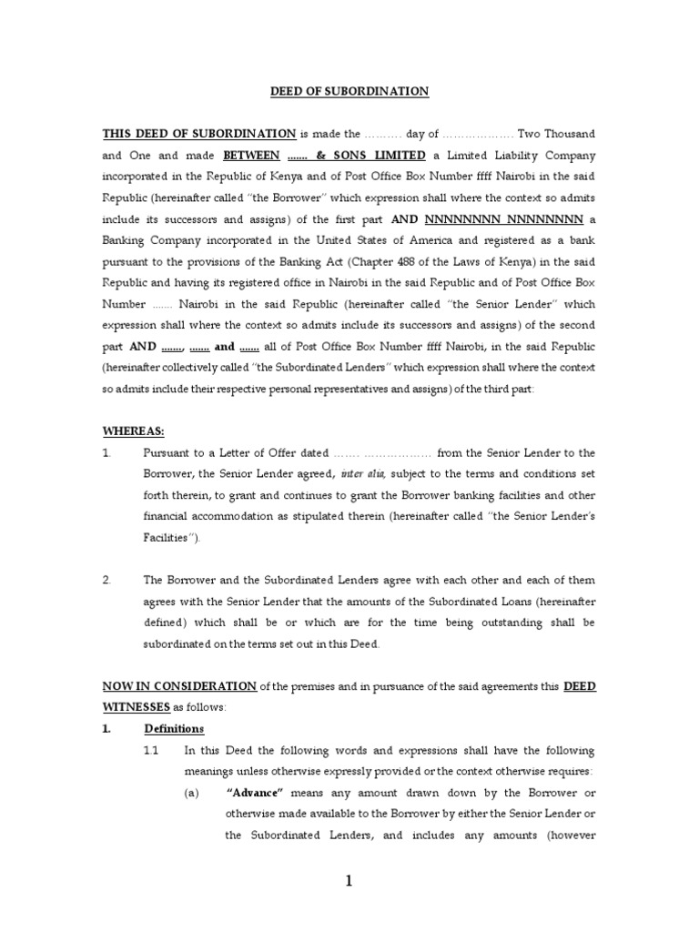 Deed of Subordination Agreement | PDF | Loans | Debt
