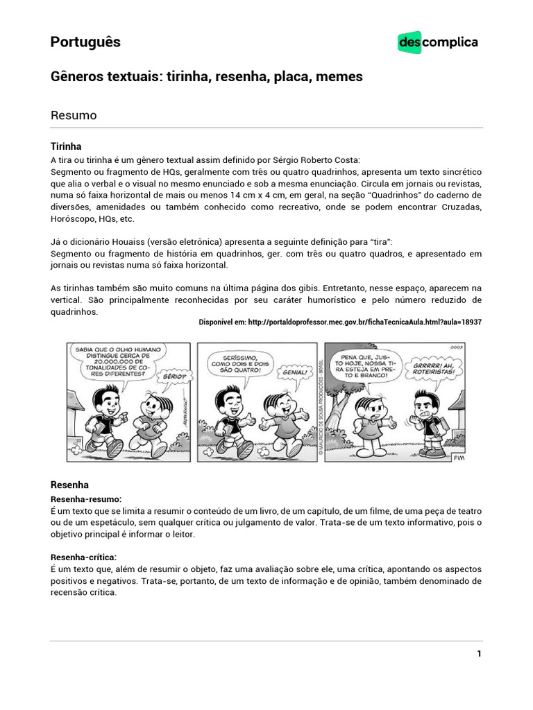Extensivoenem-Português-Gêneros Textuais - Tirinhas, Resenha, Placa ...