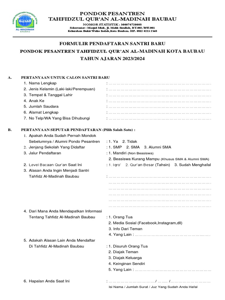 Formulir Pendaftaran Santri Baru | PDF