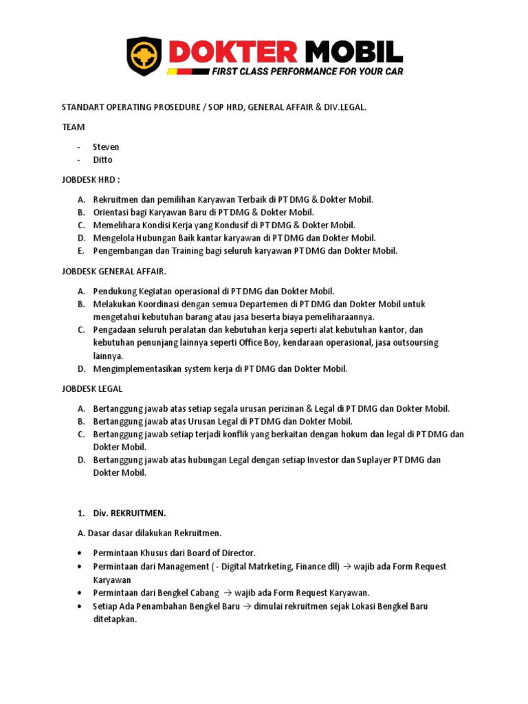 Jobdesk & Sop HRD, Ga & Legal | PDF | Bisnis | Pengelolaan Keuangan & Uang