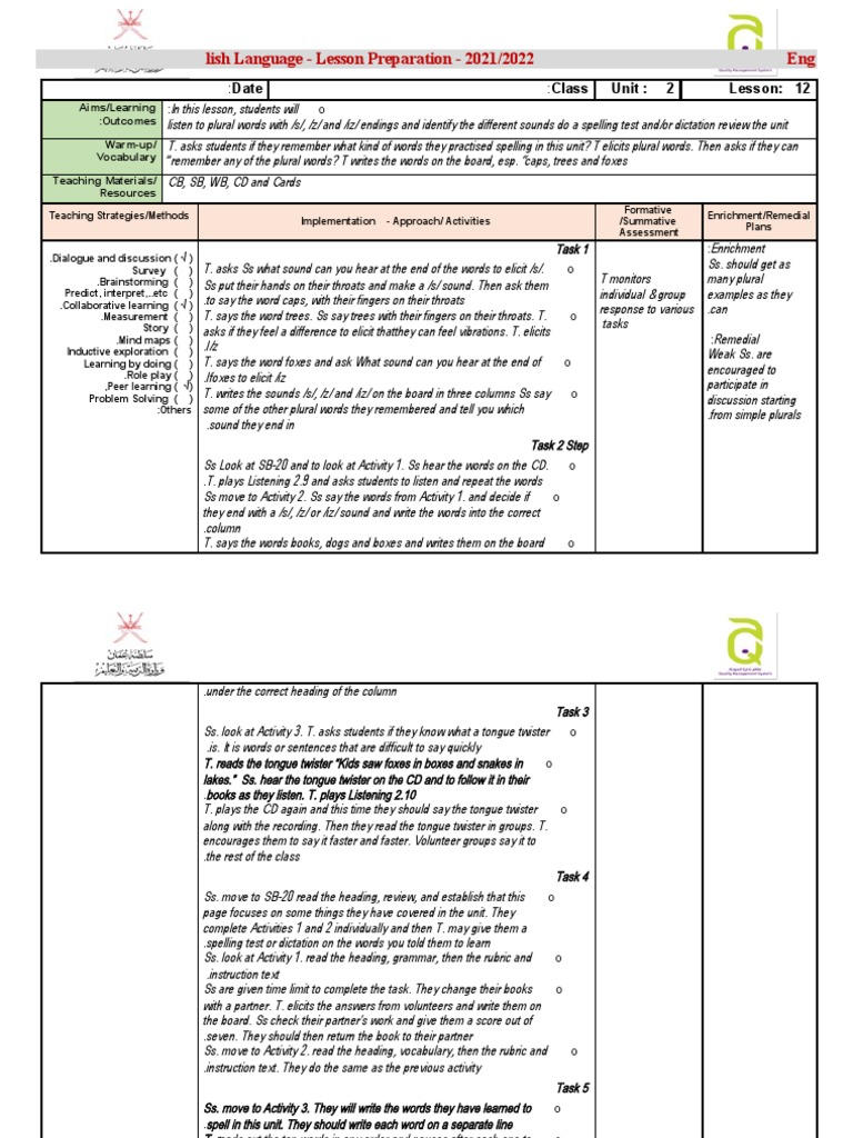 Eng Lish Language - Lesson Preparation - 2021/2022: Lesson: 12 Unit: 2 Class Date | Download ...