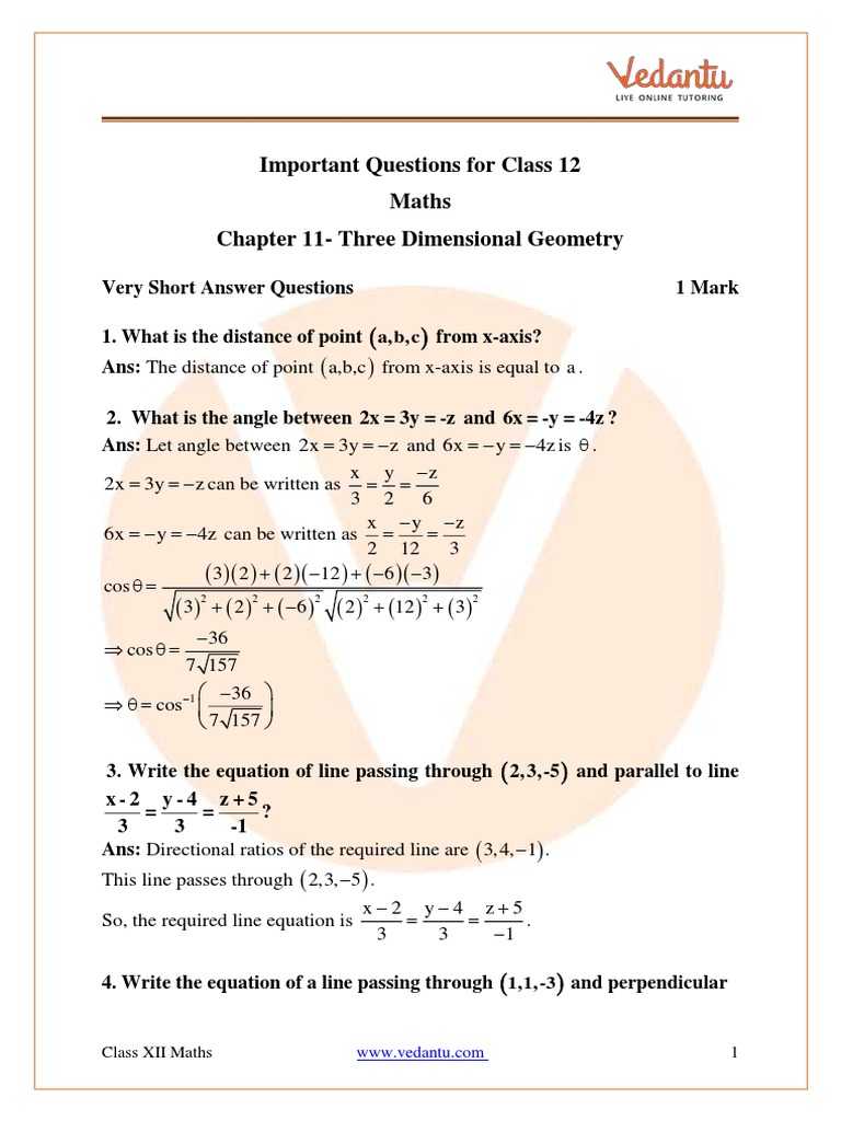 CBSE Class 12 Maths Chapter 11 Three Dimensional Geometry Important ...