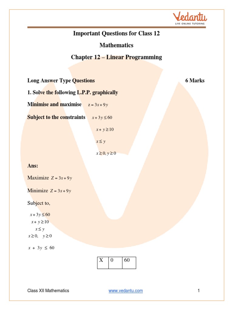 CBSE Class 12 Maths Chapter 12 - Linear Programming Important Questions 2022-23 | PDF | Speed ...