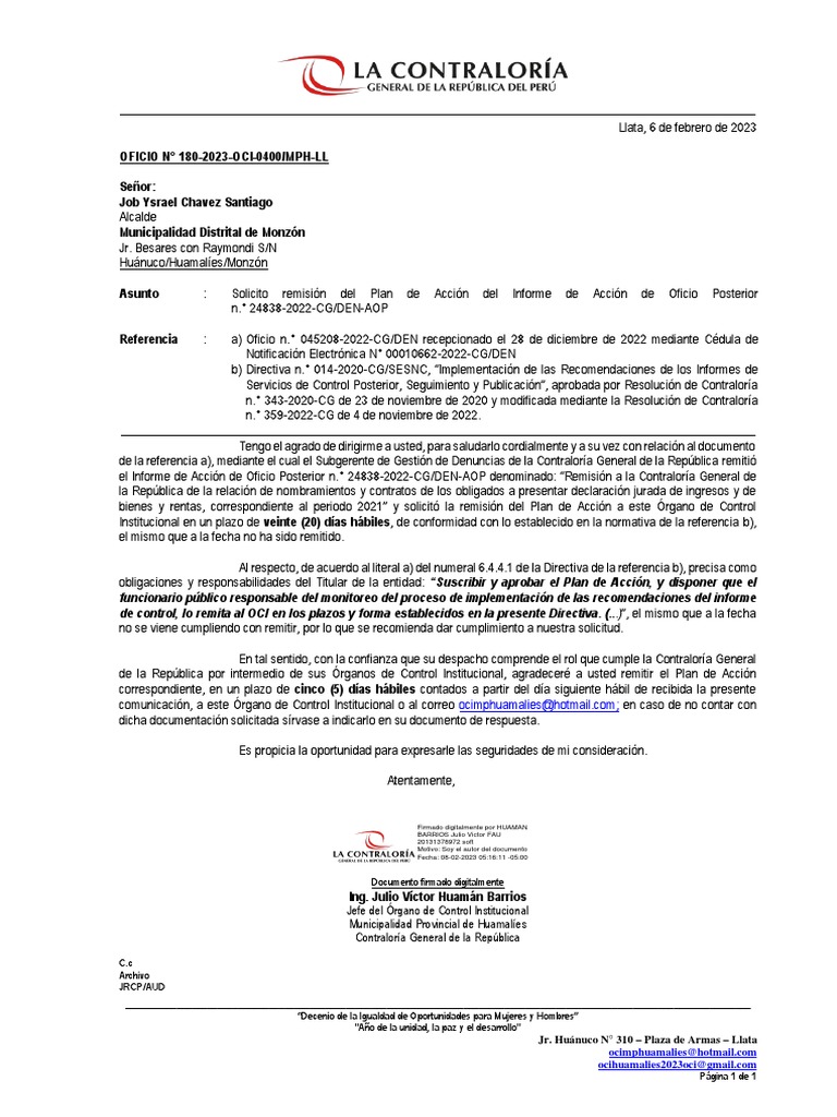 Oficio #180-2023 Solicito Remisión Del Plan de Acción - Monzon (F ...