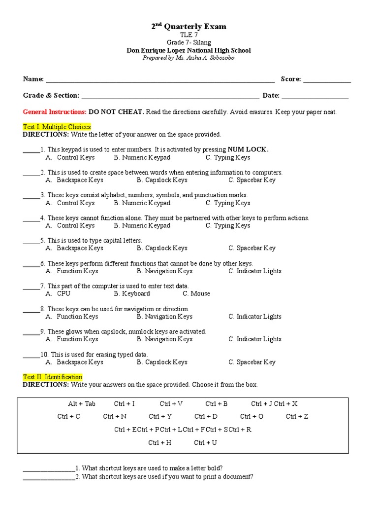 2nd Quarterly Exam - TLE | PDF | Keyboard Shortcut | Control Key