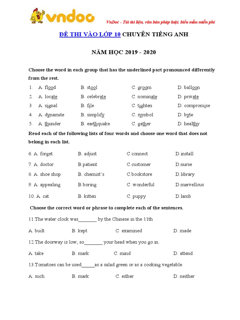 de-on-thi-vao-lop-10-chuyen-tieng-anh-nam-hoc-2019-2020-so-15 | PDF | Meteoroid | Planets