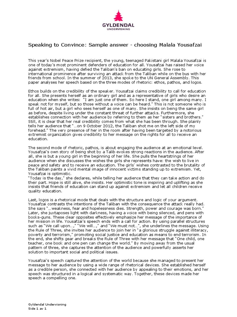 Papre 1 Sample Essay IB Speech Malala-Yousafzai | PDF | Malala Yousafzai