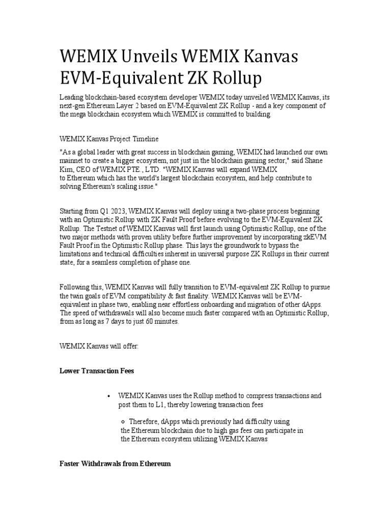 WEMIX Unveils WEMIX Kanvas EVM-Equivalent ZK Rollup | PDF