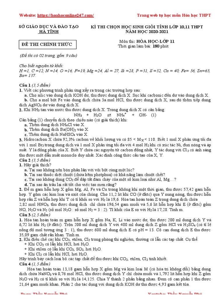 HSG 11 Hà Tĩnh 2020-2021 | PDF