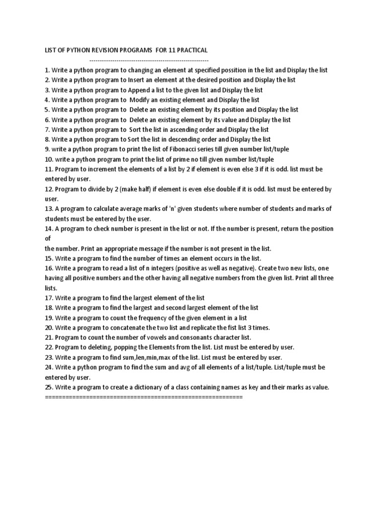 List of Python Revision Programs For 11 Practical | PDF | Linguistics | Computer Programming