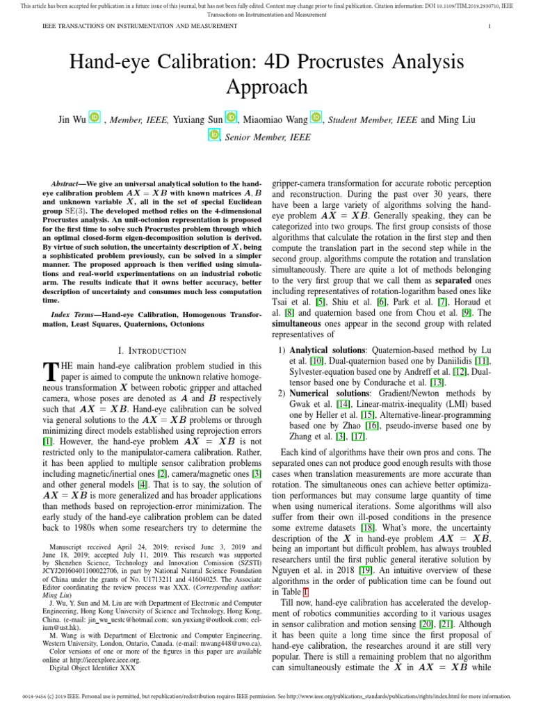 A 4D Procrustes Analysis Approach for Hand-Eye Calibration Using an ...