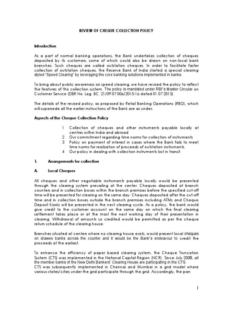 Revised Cheque Collection Policy Overview | PDF | Cheque | Banks