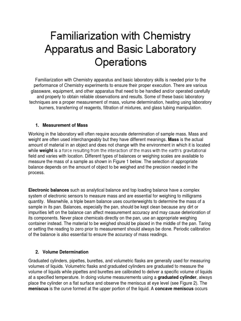 Familiarization with Basic Laboratory Techniques: Proper Handling of Chemistry Apparatus and ...