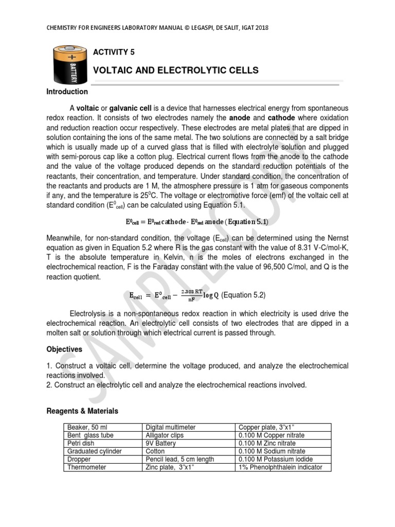 ACT 5 Voltaic and Electrolytic Cell | PDF | Electrochemistry | Applied And Interdisciplinary Physics