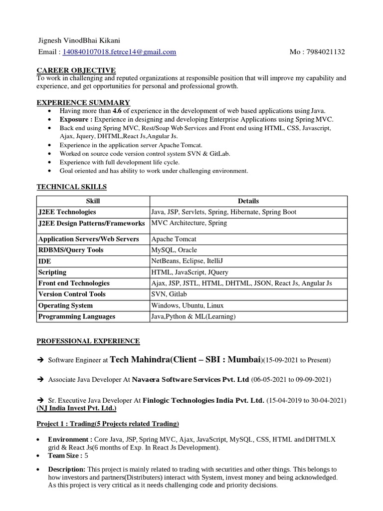 Jignesh VinodBhai Kikani resume summary | PDF | Spring Framework | Computer Programming