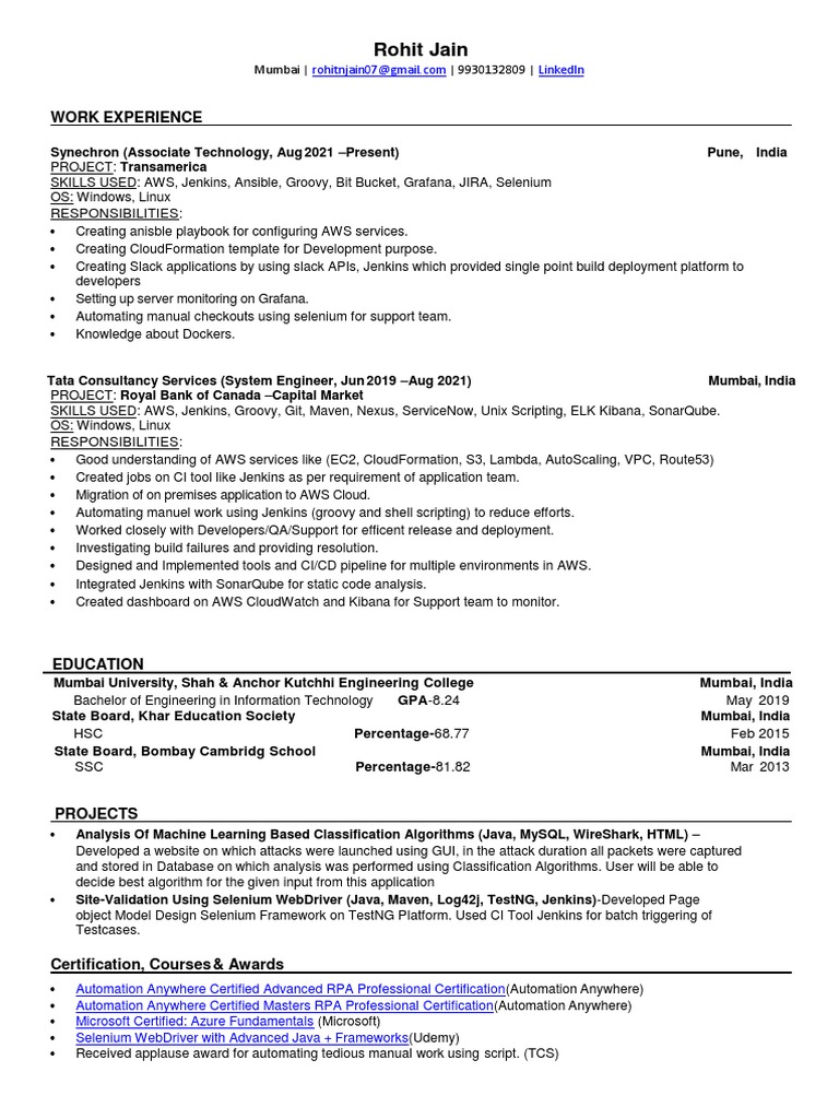 Resume Rohit Jain | PDF | Selenium (Software) | Amazon Web Services