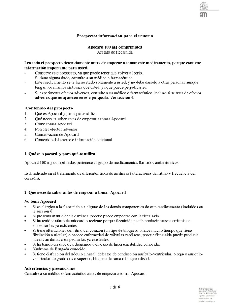 Guía de Uso de Apocard 100 mg | PDF | Efecto adverso | Medicamentos con ...