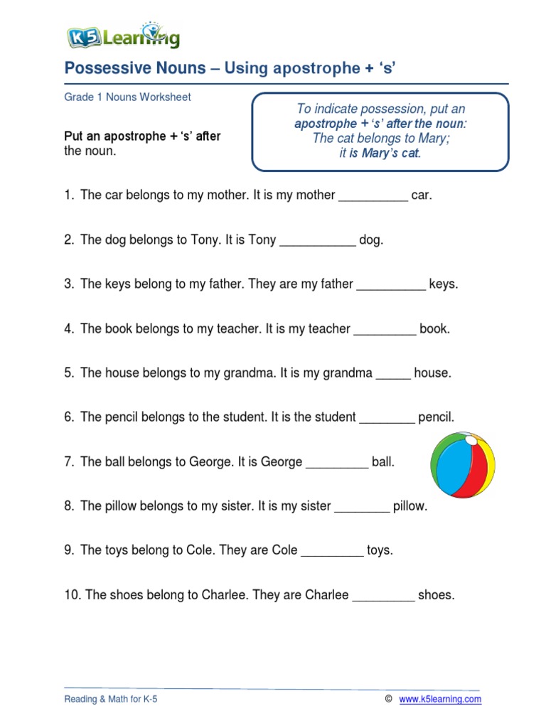 Using Possessive Nouns: An Apostrophe + 's' Worksheet for Grade 1 ...