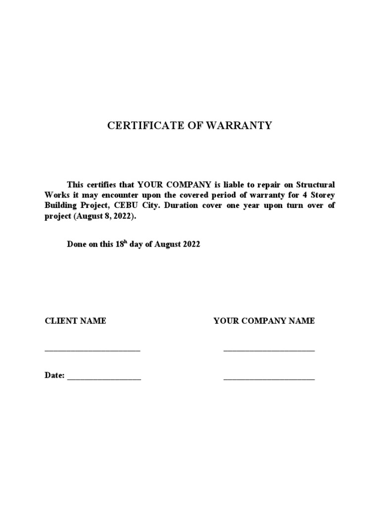One-Year Construction Warranty Certificate | PDF | Business | Finance ...