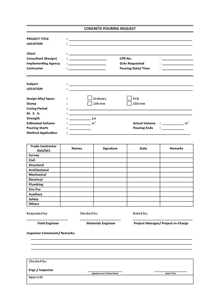 Concrete Pouring Request Form | PDF | Structural Engineering | Building ...