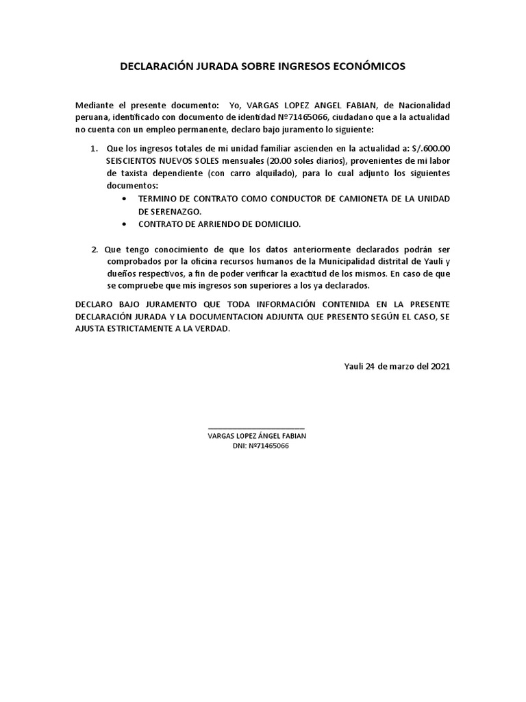 Declaración Jurada Sobre Ingresos Económicos-Angel Lopez | PDF | Derecho