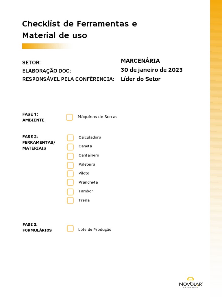 ANEXO 01. MARCENARIA - Checklist de Ferramentas e Material de Uso | PDF