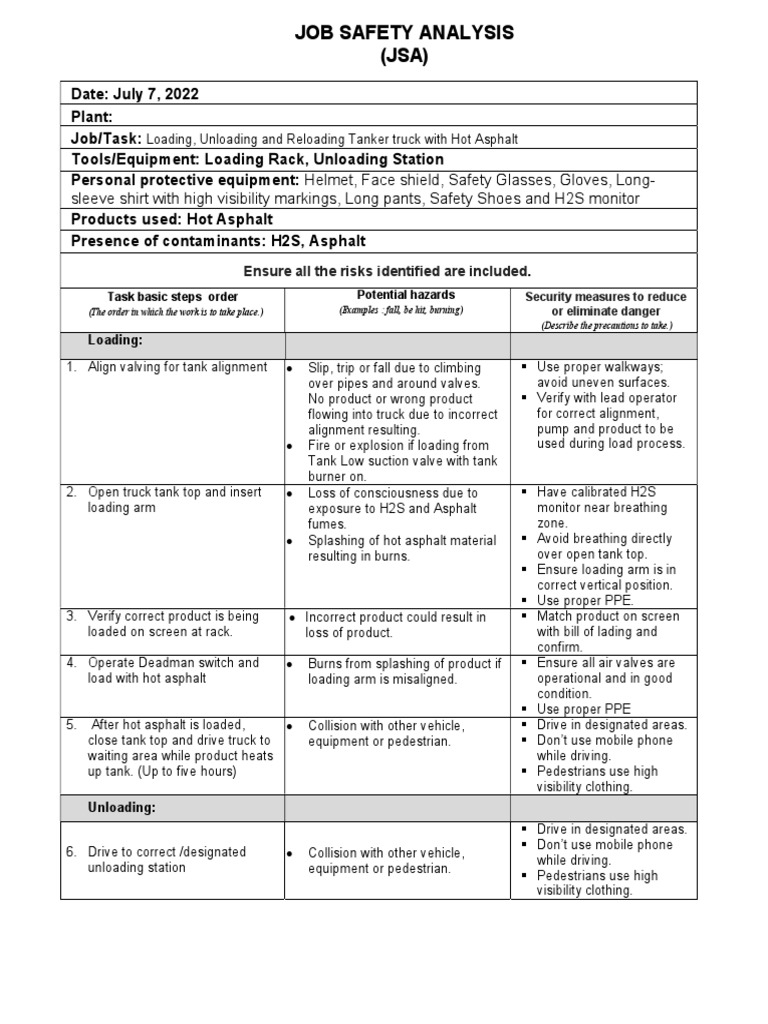 JSA Asphalt Loading and Unloading | PDF | Personal Protective Equipment ...
