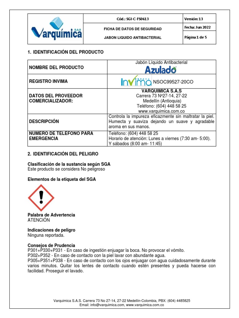 Ficha Seguridad Jabón Antibacterial | PDF | Agua | Toxicidad