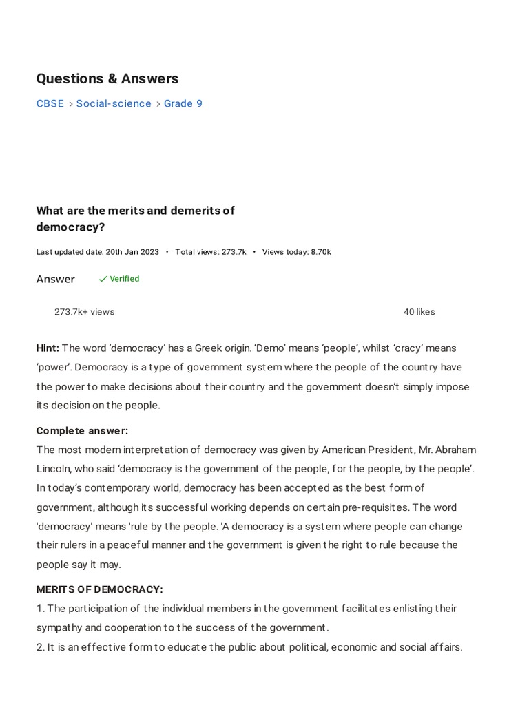 CBSE Grade 9 Social Science: Merits and Demerits of Democracy | PDF