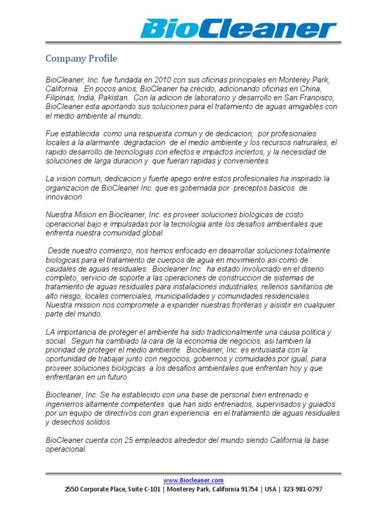 Biocleaner Company Profile - ESPANOL | PDF | Agua | Aguas residuales