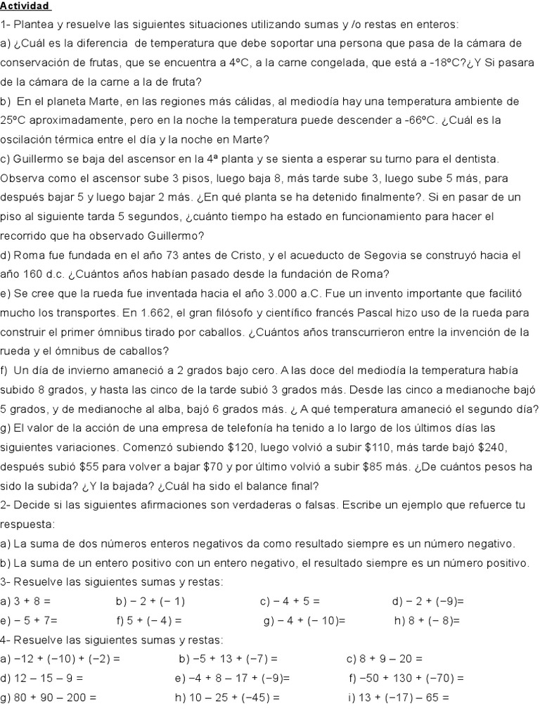 Suma y Resta en Z - 1º2º | PDF | Entero | Matemática Elemental