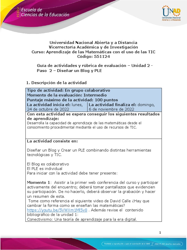 Guia de Actividades y Rúbrica de Evaluación - Unidad 2 - Paso 2 - Diseñar Un Blog y PLE | PDF ...