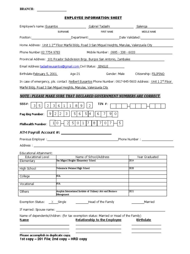Employee Information Sheet for Eusantos Gabriel Tadashi Salenga | PDF ...