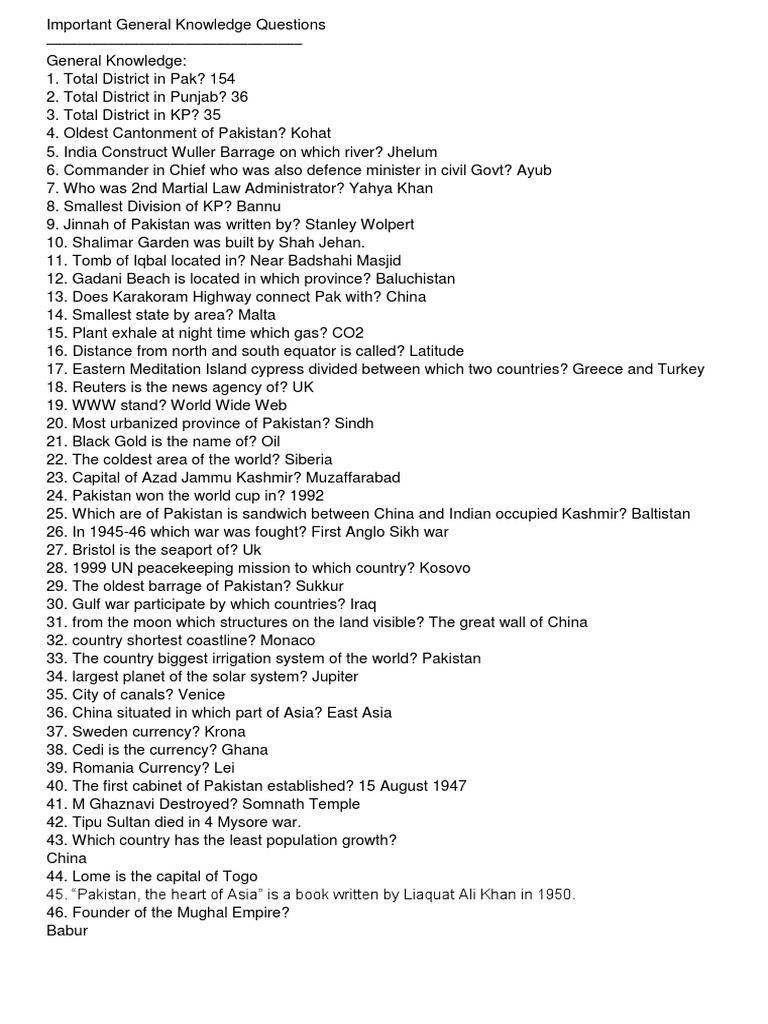 General Knowledge Questions | PDF | Pakistan | South America