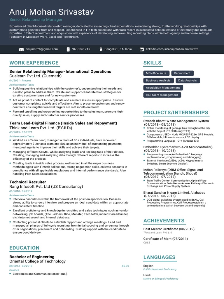 Anuj's Resume | PDF | Embedded System | Sales