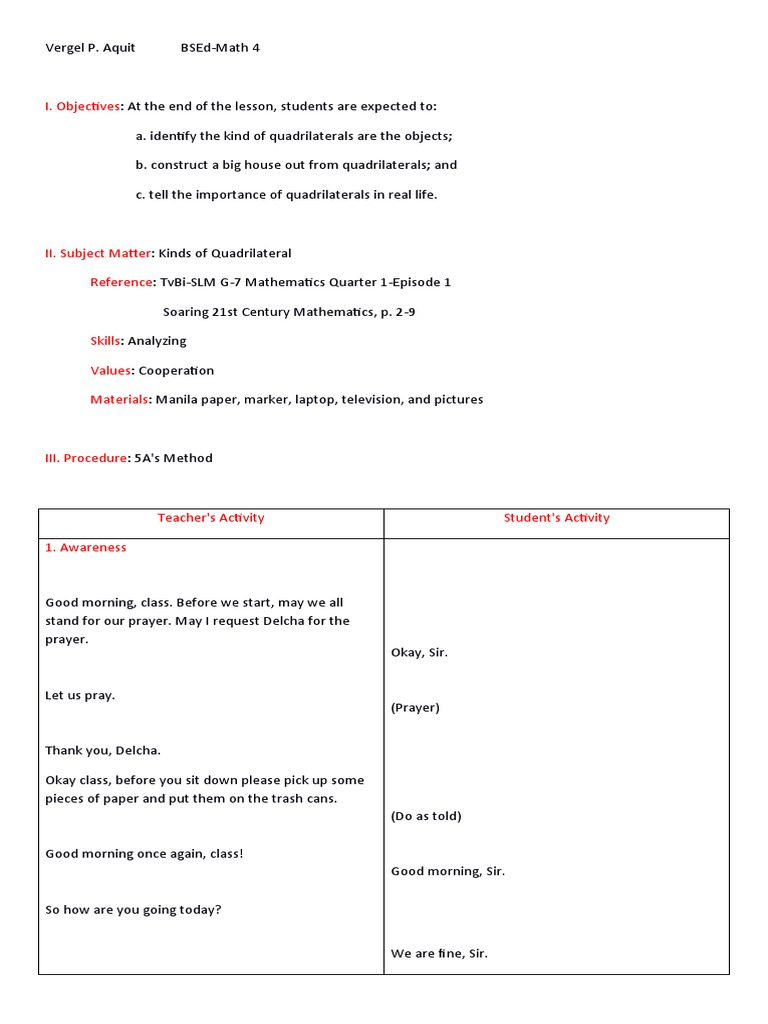 Lesson Plan (5as) - Teaching Demo (G-8 - Laws of Exponent) | PDF | Set ...