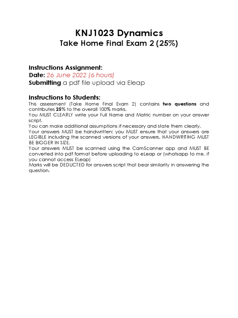 Dynamics Take Home Final Exam 2 | PDF | Physics | Mechanics