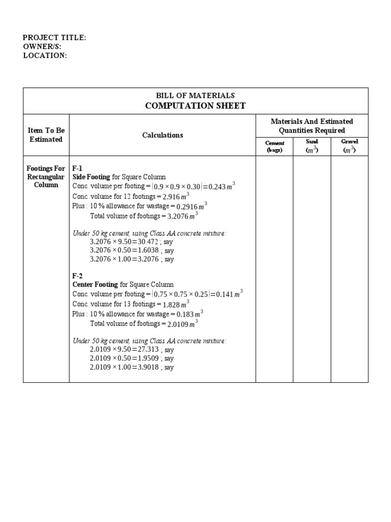 1-Bill of Materials Computation Sheet | PDF | Beam (Structure) | Column