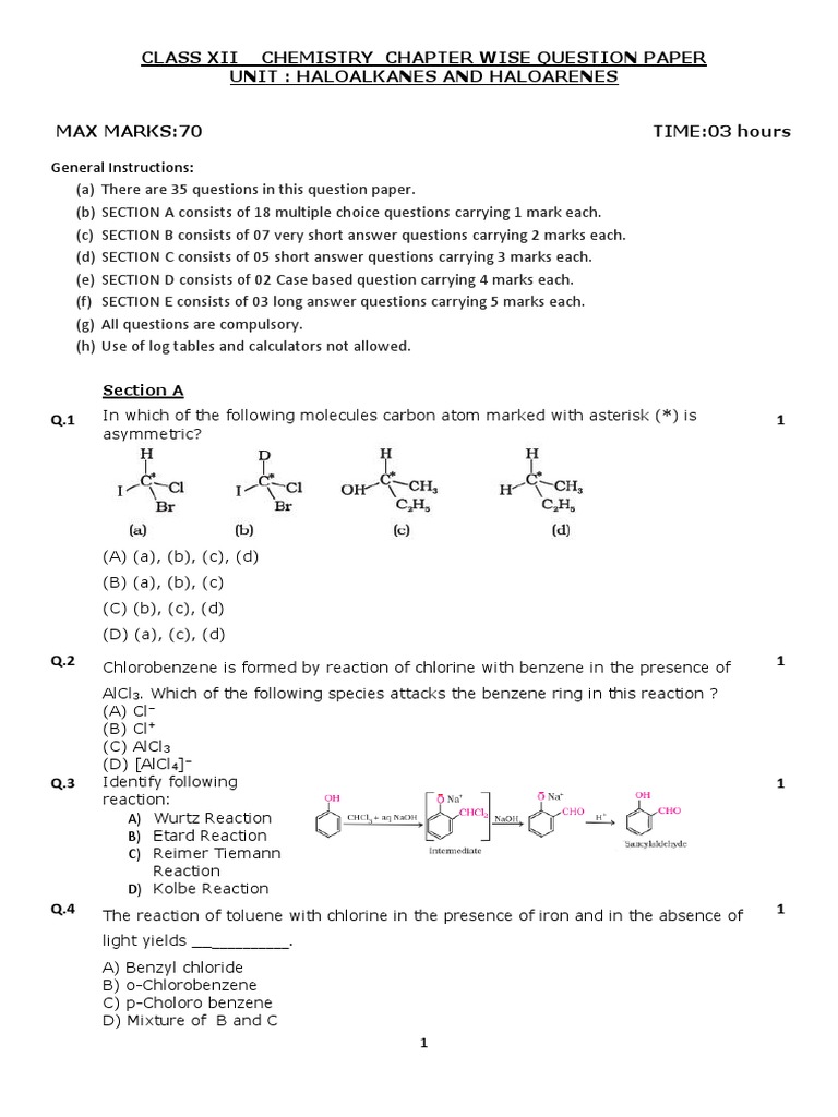 Haloalkanes and Haloarenes Test Paper | PDF | Chlorofluorocarbon | Chlorine