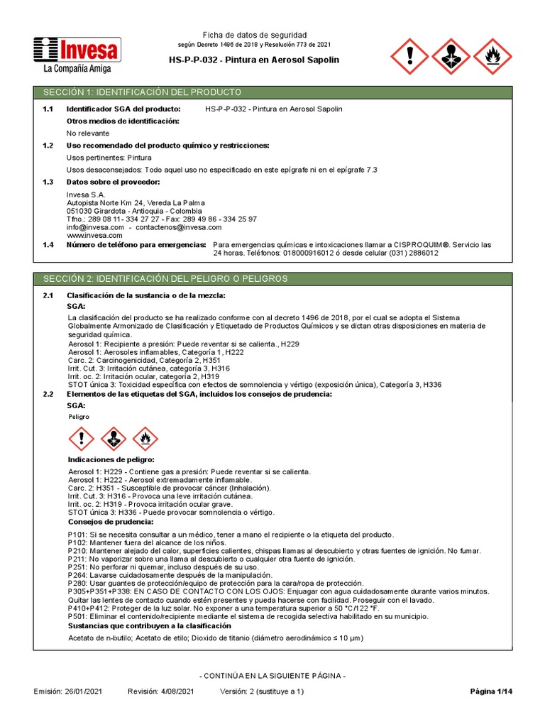 HS P P 032 Pintura en Aerosol Sapolin | PDF | Aerosol | Agua