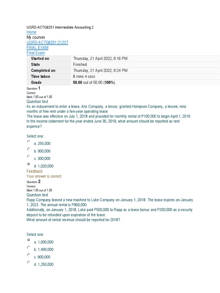 Finals Exam Intermediate Accounting 2 Pdf Option Finance Lease