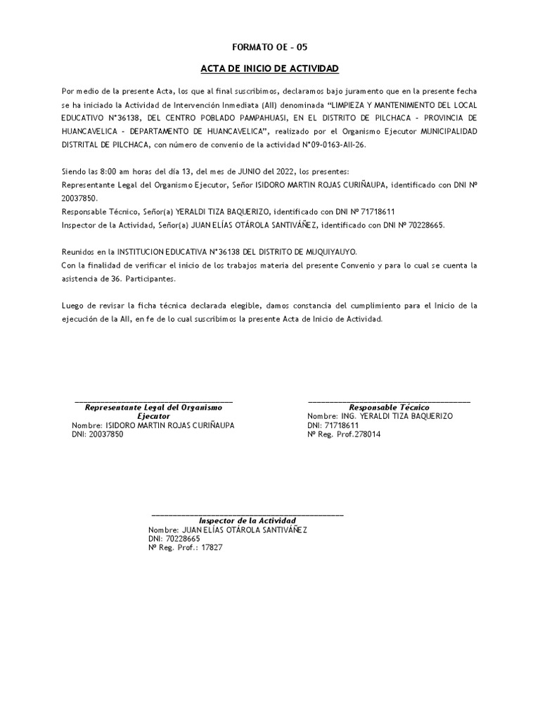 Formato OE-05 (Acta de Inicio) ... Ok | PDF