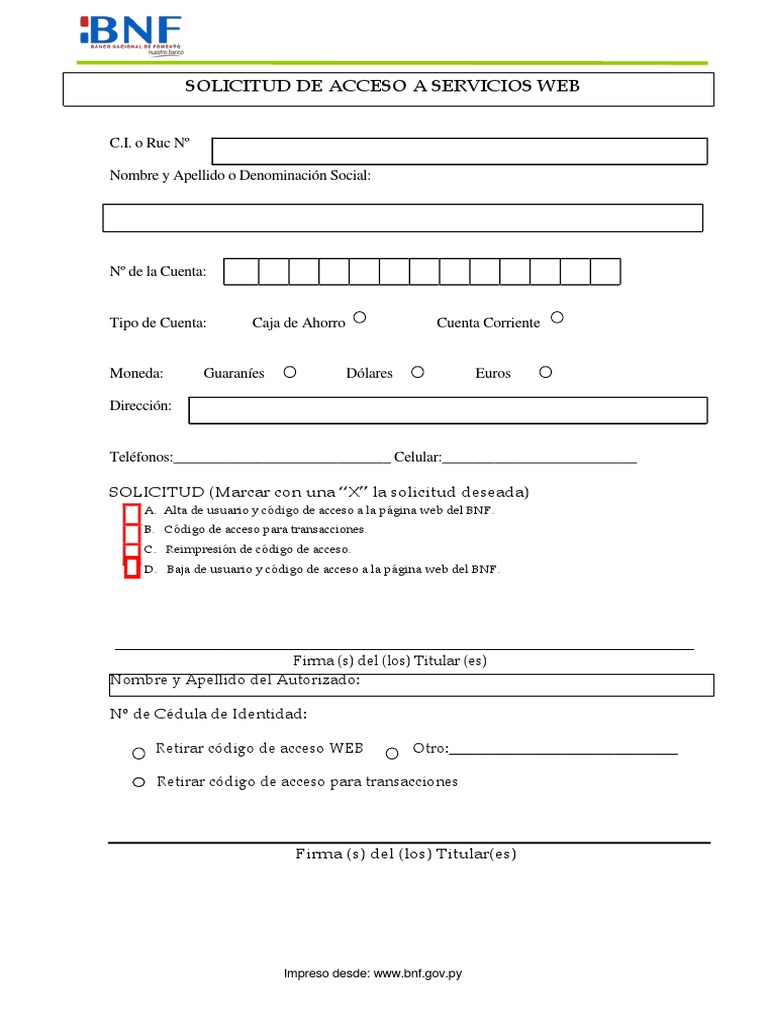 Solicitud de Acceso a Banca Web BNF | PDF