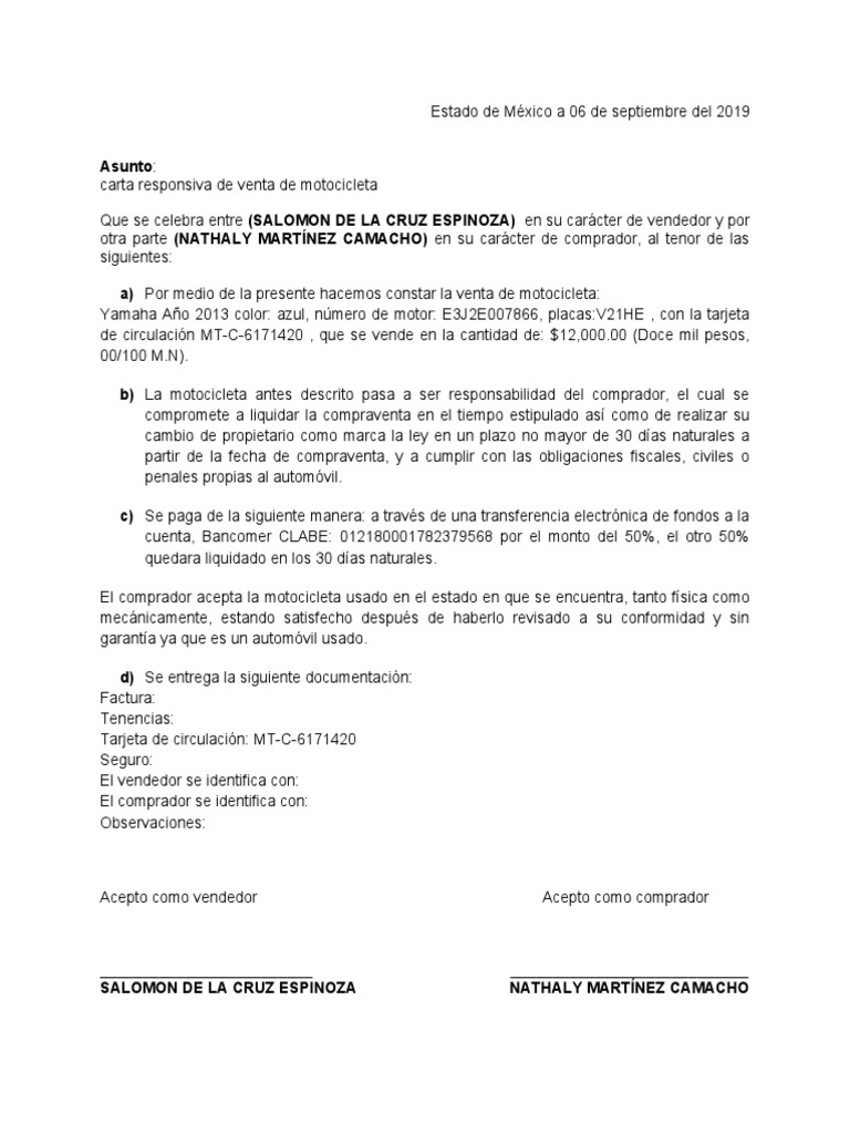 Carta-Responsiva-Venta-de-Auto-ejemplo (1) | PDF