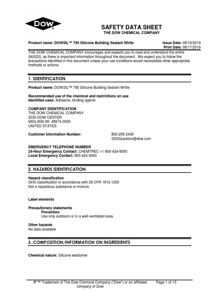 DOWSIL 795 Silicone Building Sealant SDS 1800007 | PDF | Toxicity ...