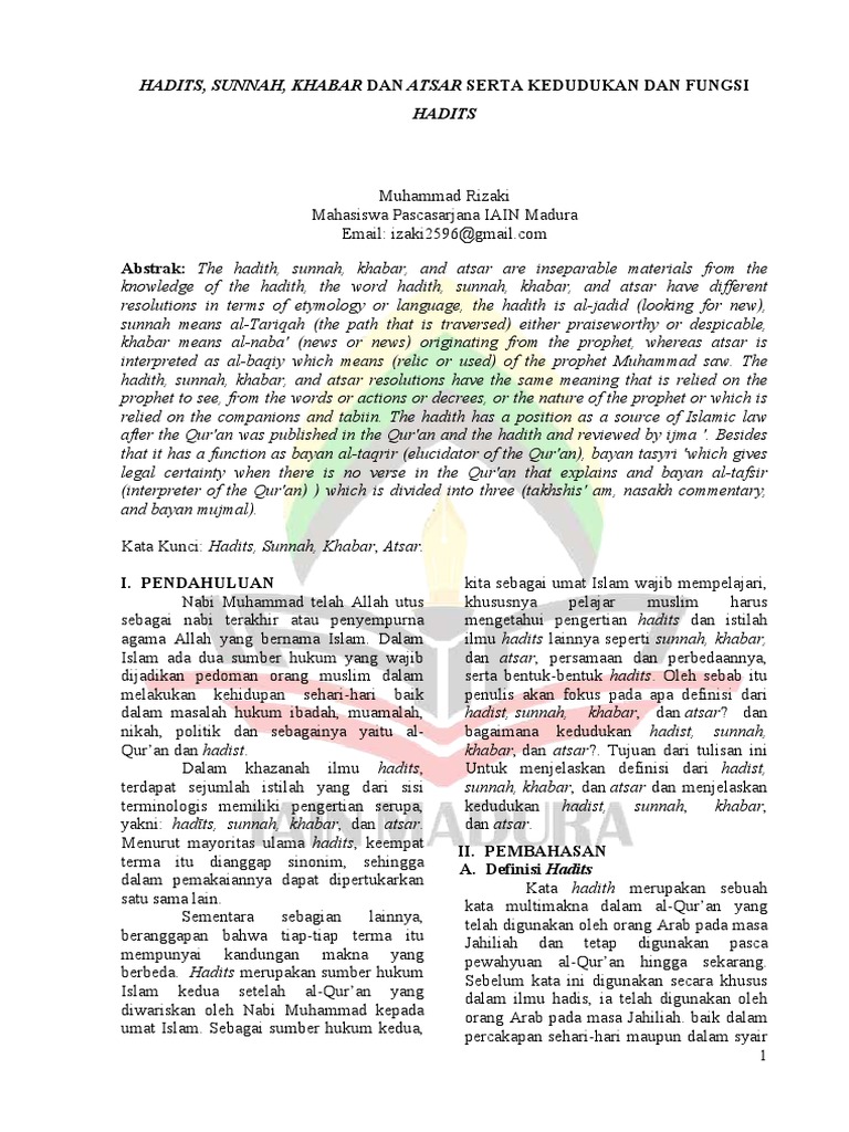 Hadits Sunnah Khabar Dan Atsar Serta Ked | PDF | Agama & Spiritualitas