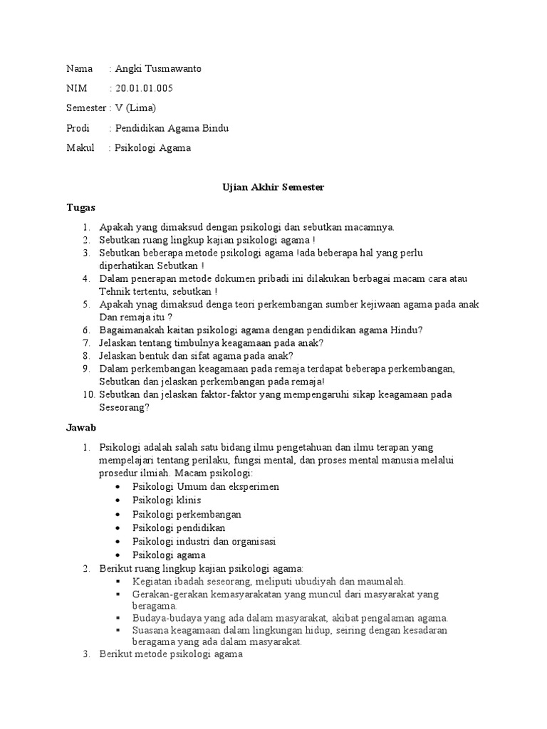 Uas Psikologi Agama Angki | PDF
