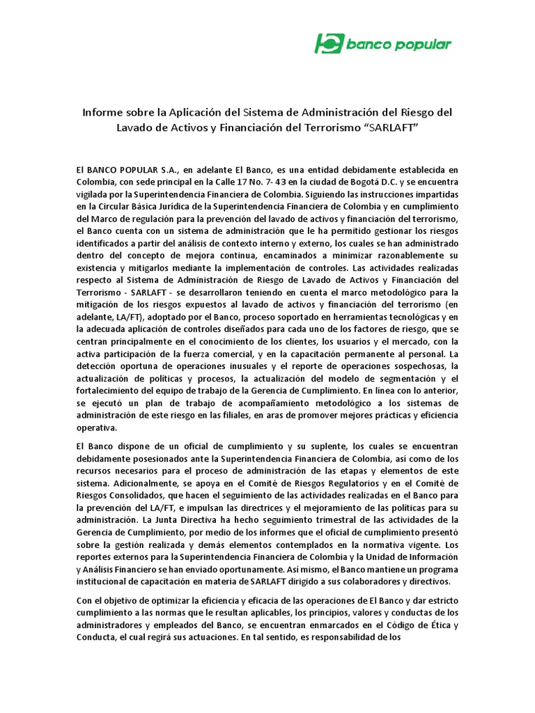 Banco Popular Certificacion SARLAFT 2023 | PDF | Bancos | Lavado de dinero