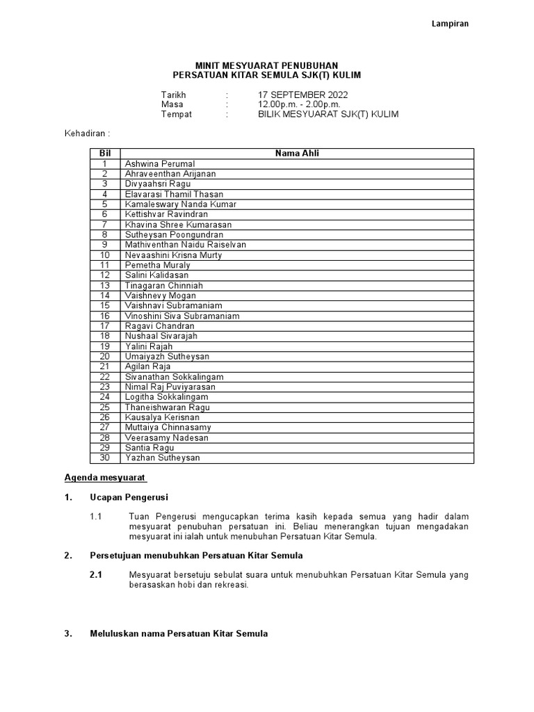 Contoh Minit Mesyuarat Untuk Persatuan | PDF