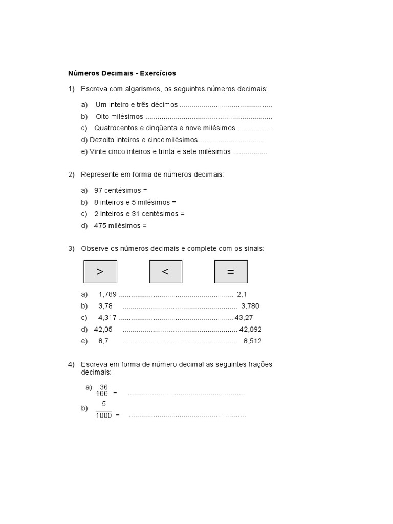 Exercicios Decimais | PDF | Decimal | Notação
